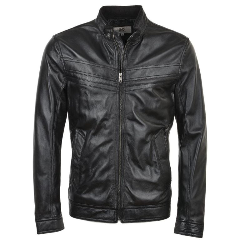 Men's Black Straight Single Snap Button Collar Leather Jacket ...